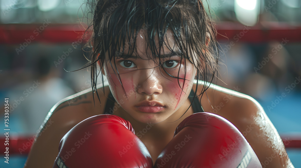 A young Asian female boxer sitting on the ring apron, looking ...