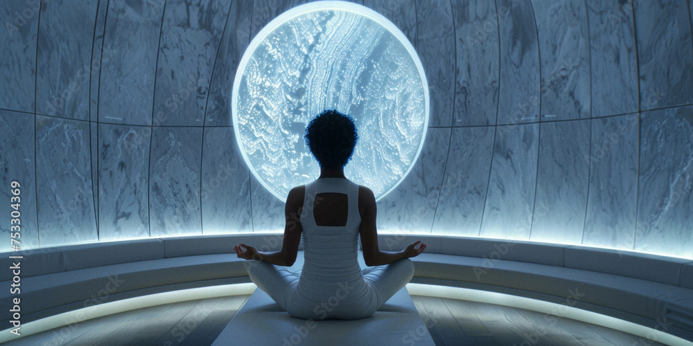 a modern meditation pod with walls that glow with calming patterns ...