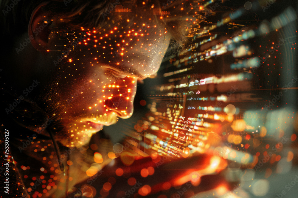 a coder with lines of code streaming in the air around them, glowing ...