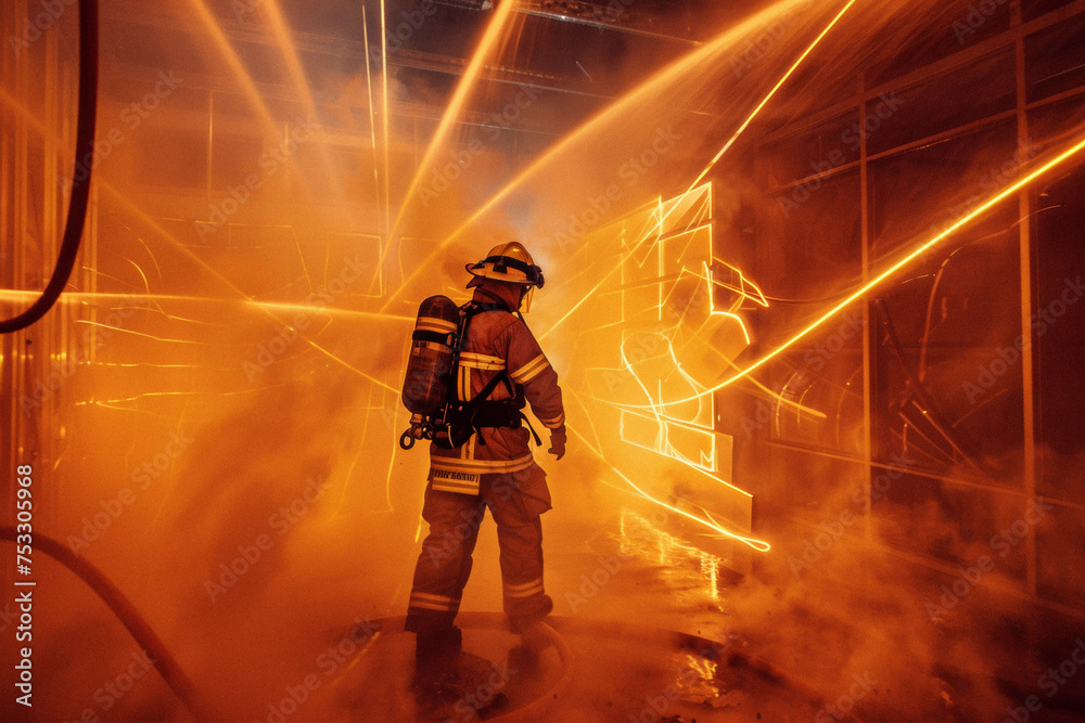 a firefighter using a futuristic holographic display to navigate ...