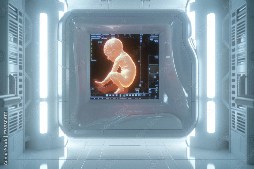 an ultrasound screen showing a fetus with a soft, radiant outline, for ...