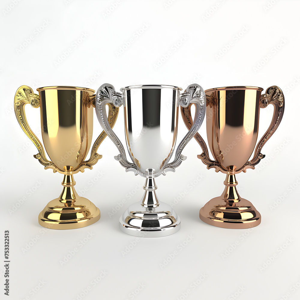 Trophies for winners. Set of gold, silver, and bronze trophies on white ...