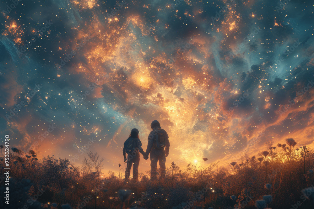Astronaut couple holding hands, symbolizing love, romance, unity ...