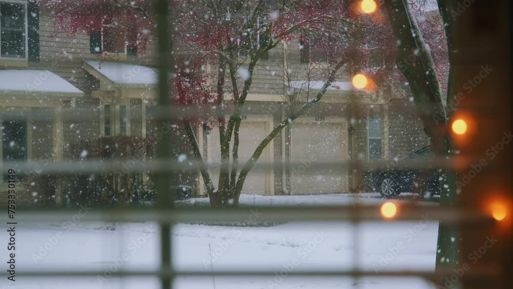 Snow fallen, View from the window. view through blinds from the house ...