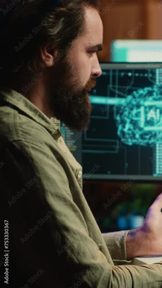 Vertical video Sentient AI gains humanoid form inside computer, waving hand, greeting its ...