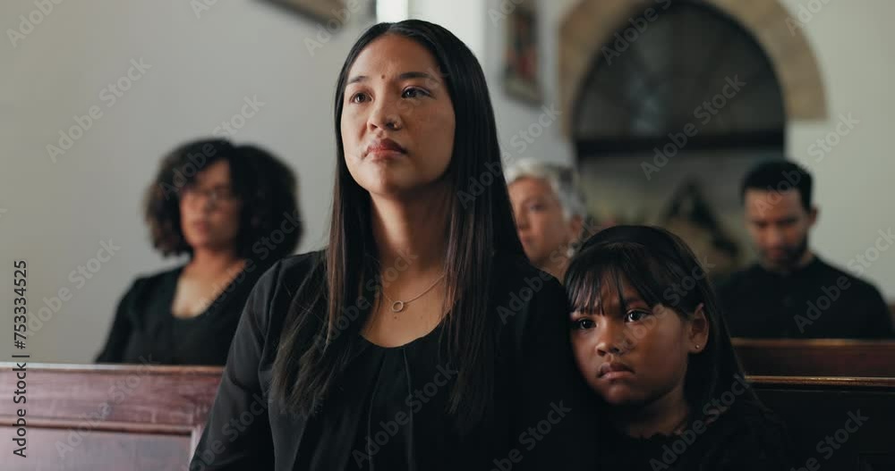 Church, death and child with mother in funeral or sad memorial service ...