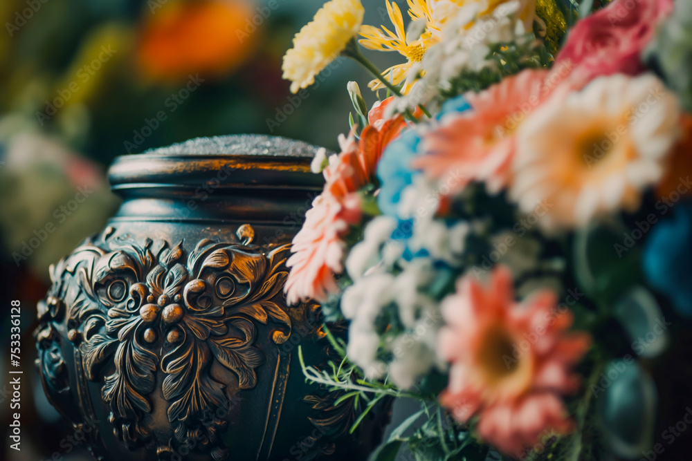 Funeral urn with ashes of dead and flowers at funeral. Burial urn ...