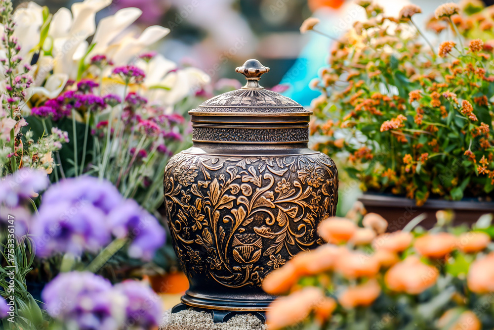 Funeral urn with ashes of dead and flowers at funeral. Burial urn ...