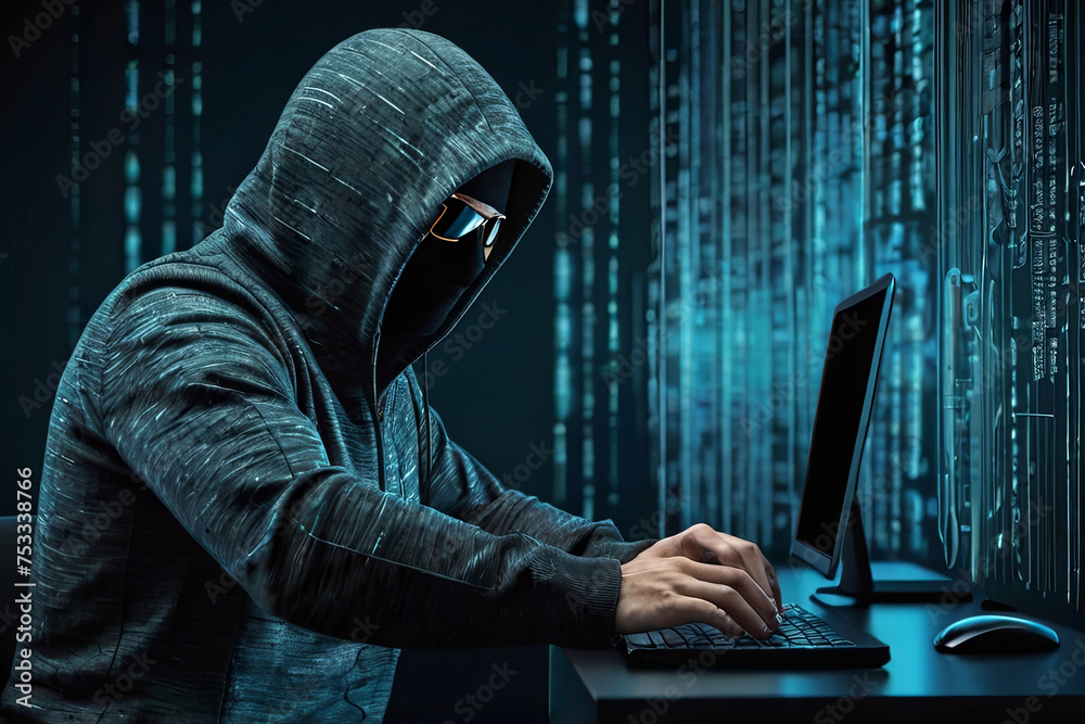 Cybercriminal disguised amidst digitally enhanced backdrop, hacking in secrecy. Conceptual image ...
