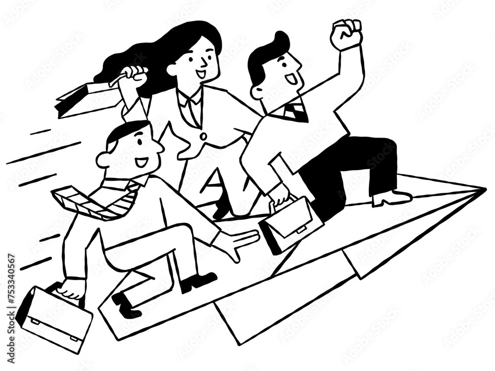 Business teamwork flying high together on paper plane, going in the ...