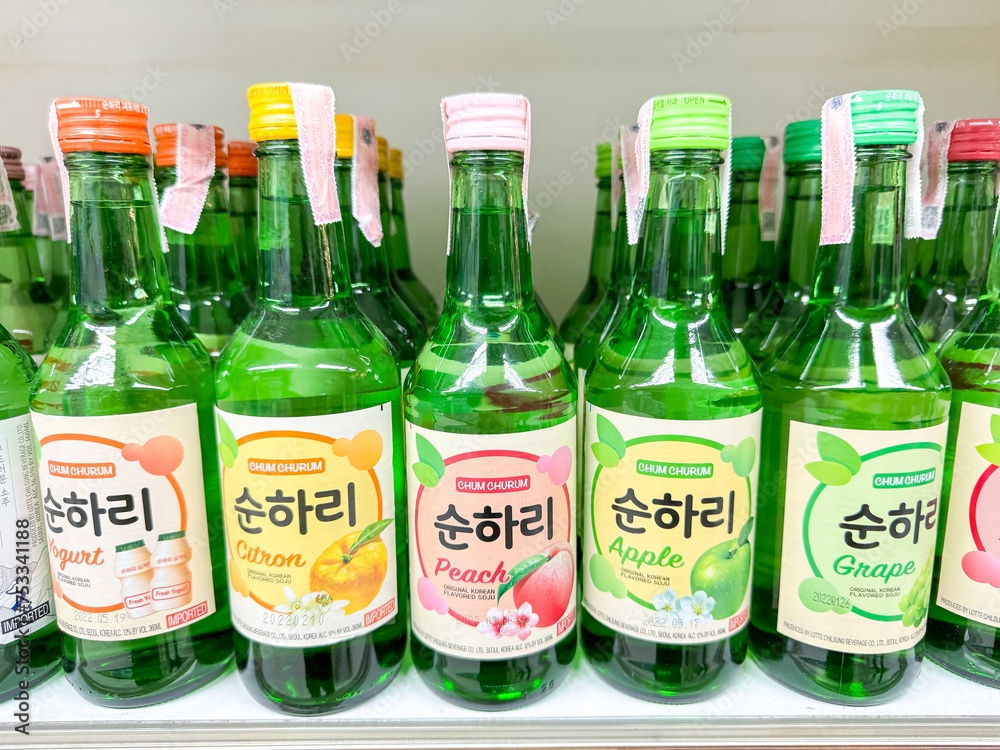 Bangkok Thailand - 06 March 2024: Many brand of Soju on shelf for sale ...