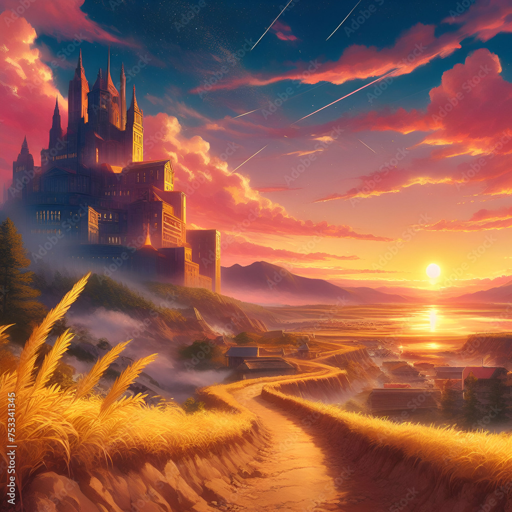 Mystical Fantasy Anime Sky Landscape of an Enchanting Age Old Walking ...