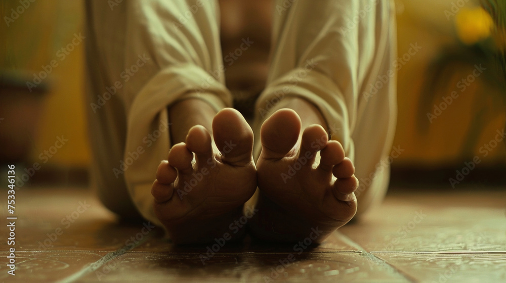 A persons feet are shown in a focused shot with ankles crossed and toes ...