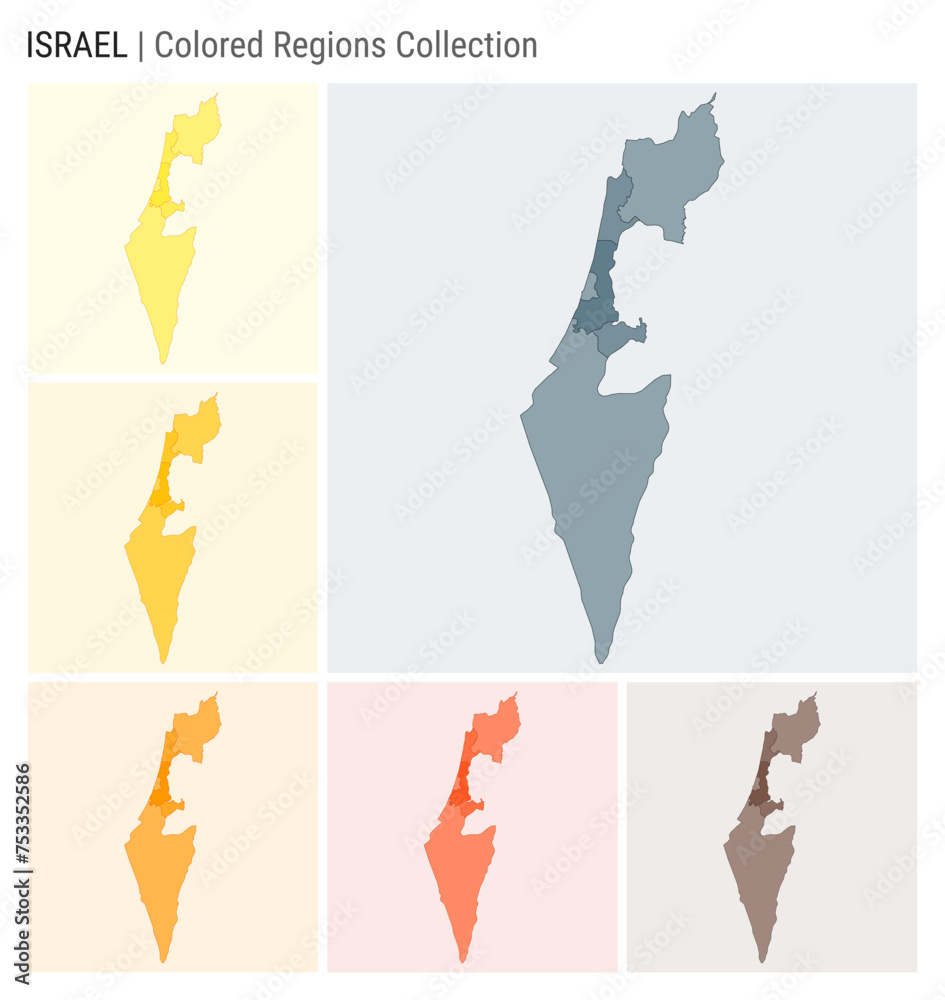 Israel map collection. Country shape with colored regions. Blue Grey ...