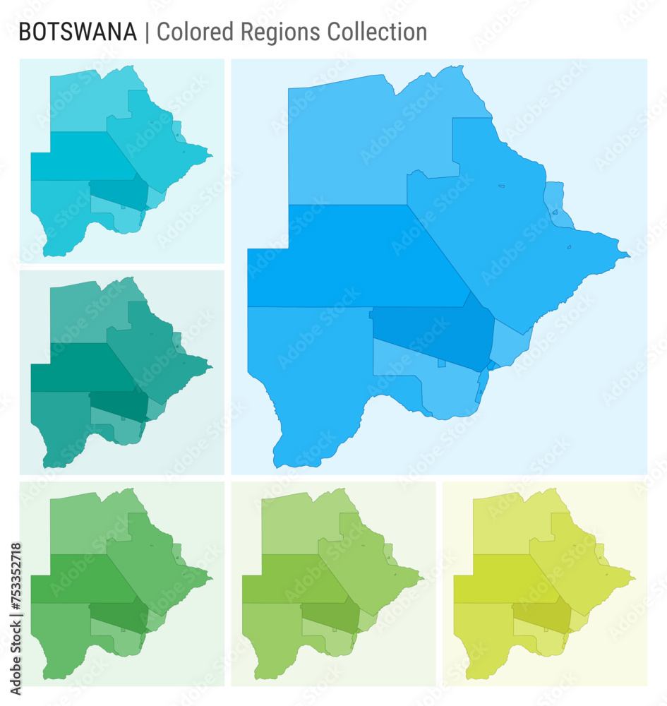 Botswana map collection. Country shape with colored regions. Light Blue ...
