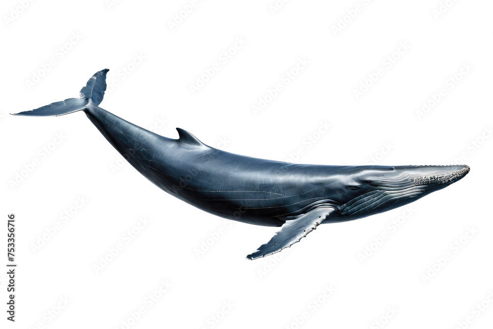 Blue whale, full body, gliding gracefully, isolated on a stark white ...