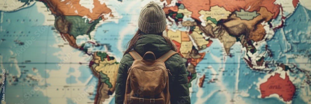 Young traveler looking at a colorful world map - A young female ...