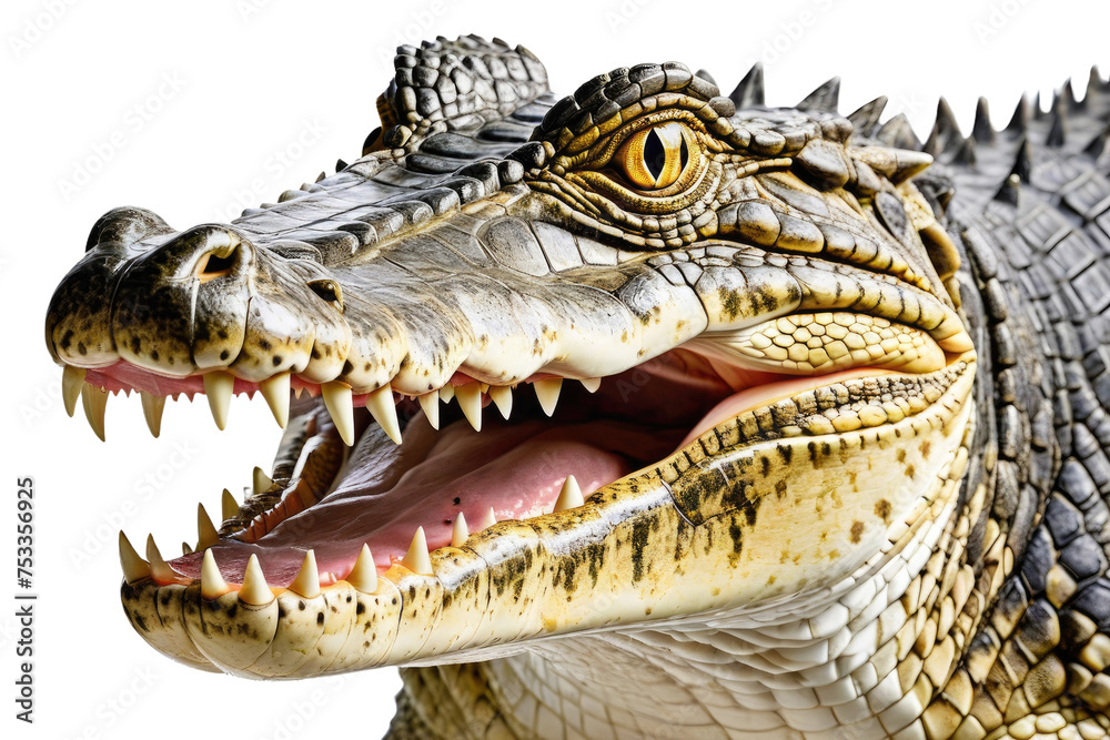 Crocodile, centered, detailed scales visible, open jaw revealing sharp ...