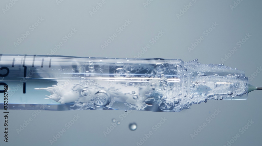A macro shot of a syringe filled with a clear liquid with an aerogel ...