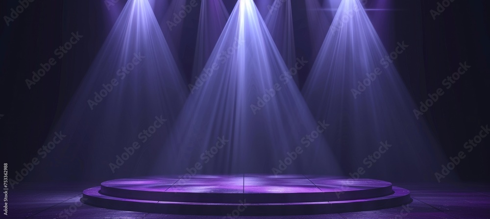 Dark purple podium on stage with spotlights for product display in ...
