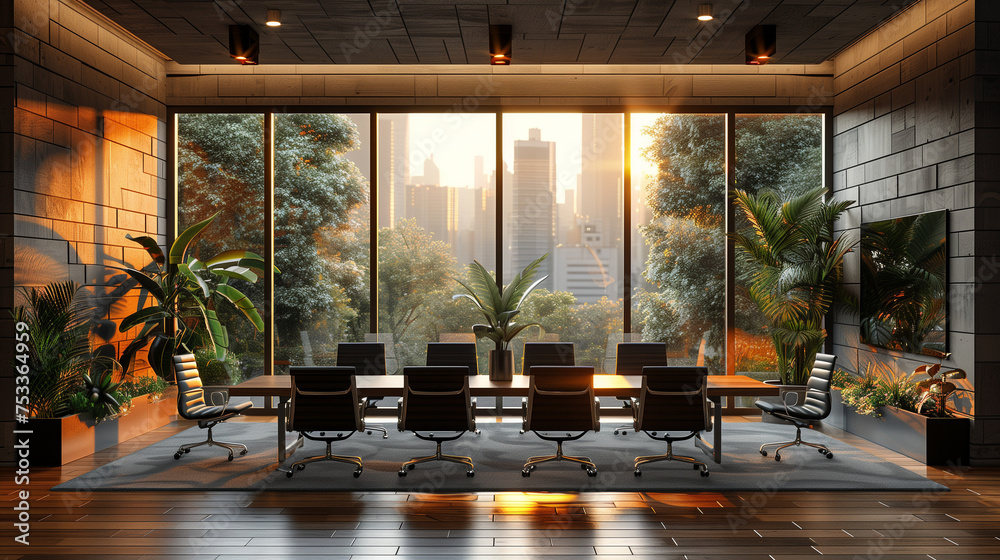 Vintage Modernist Wood Meeting Room in Photorealistic Style, Elegant ...