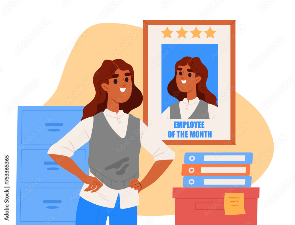 Employee of month concept. Woman near picture with stars. Ranking and ...