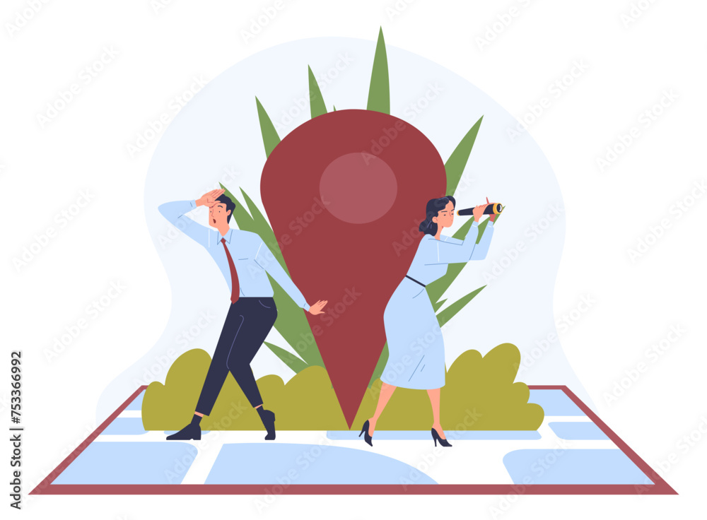 GPS navigation concept. Man and woman at huge map with binoculars and ...