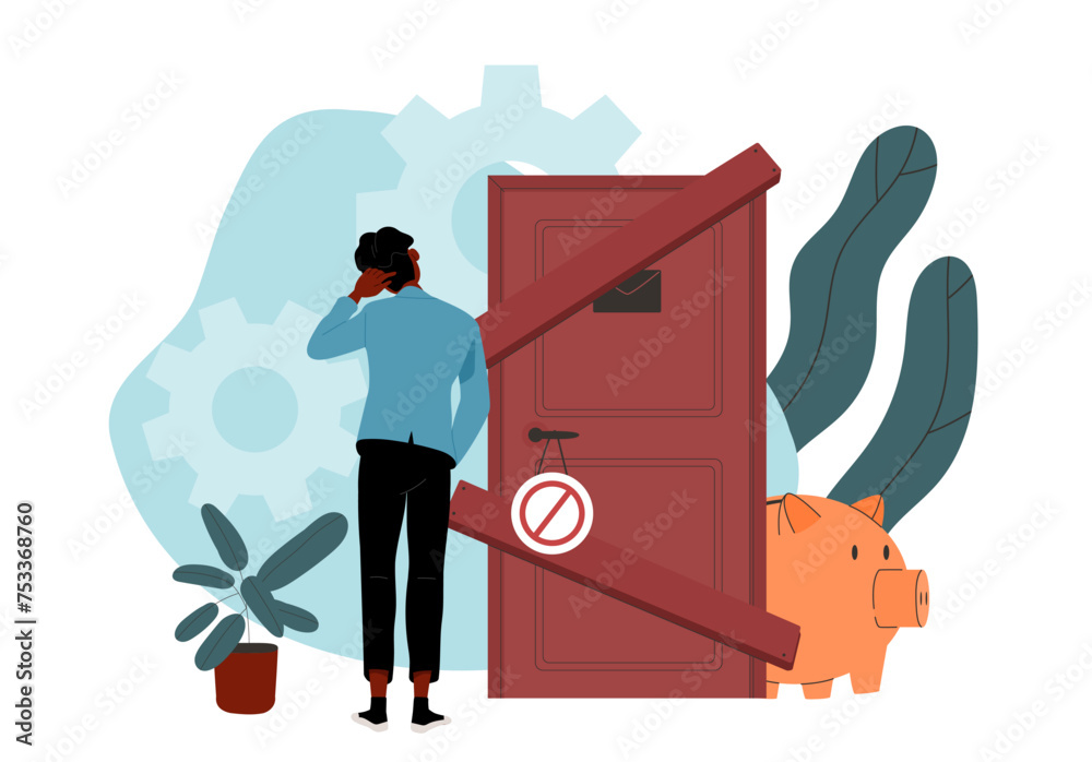 Man cannot pass door. Young guy near blocked wooden door with golden ...
