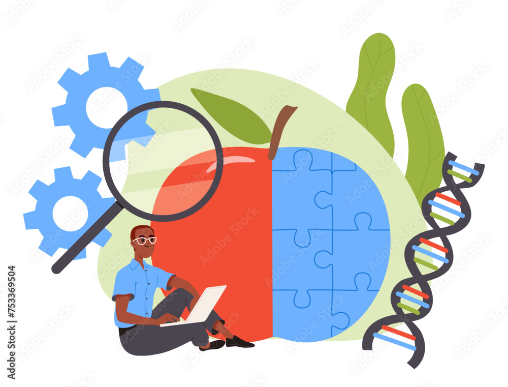 Man with modified apple. Genetic engineering and biotechnology. Modern ...