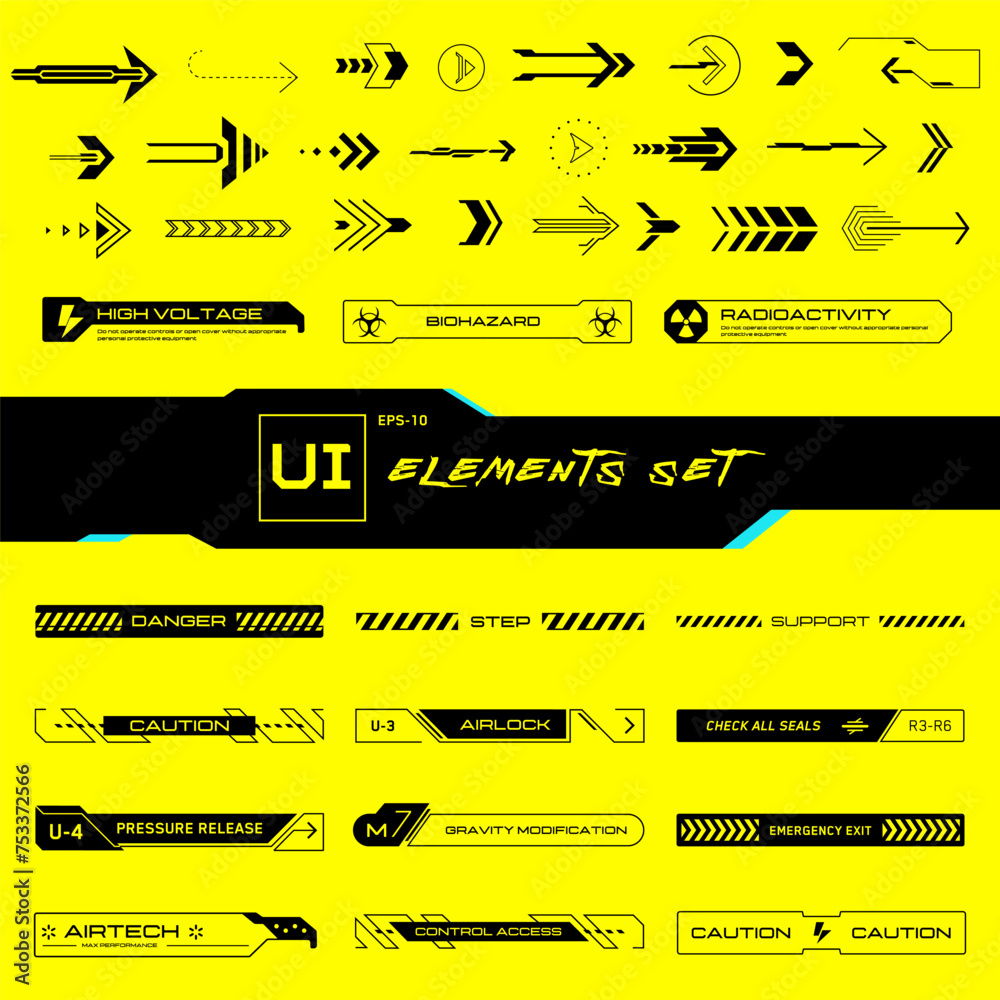 Cyberpunk UI elements set. Set of vector arrows and buttons in ...