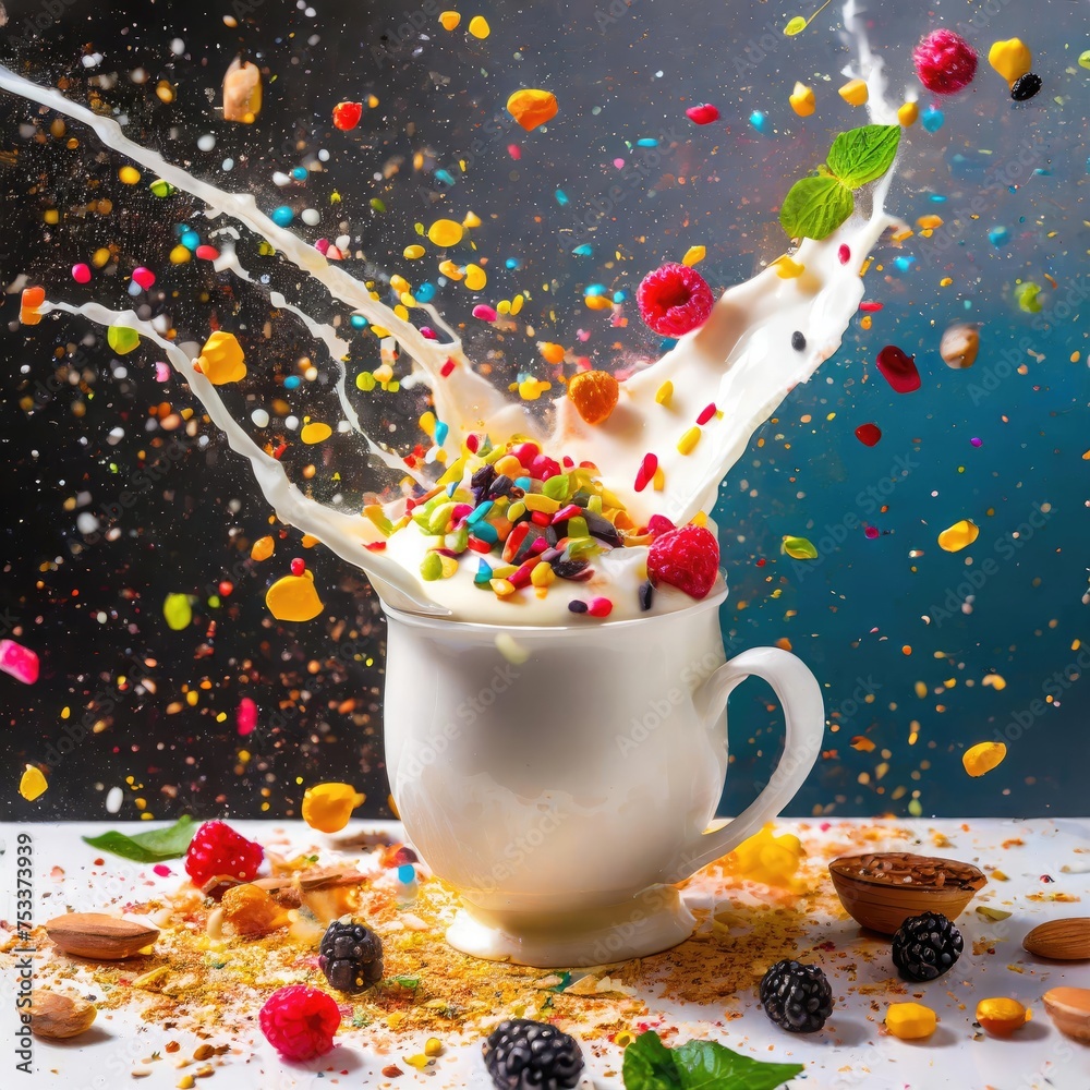 advertisement food photography splash of toppings on a cup of milk ...