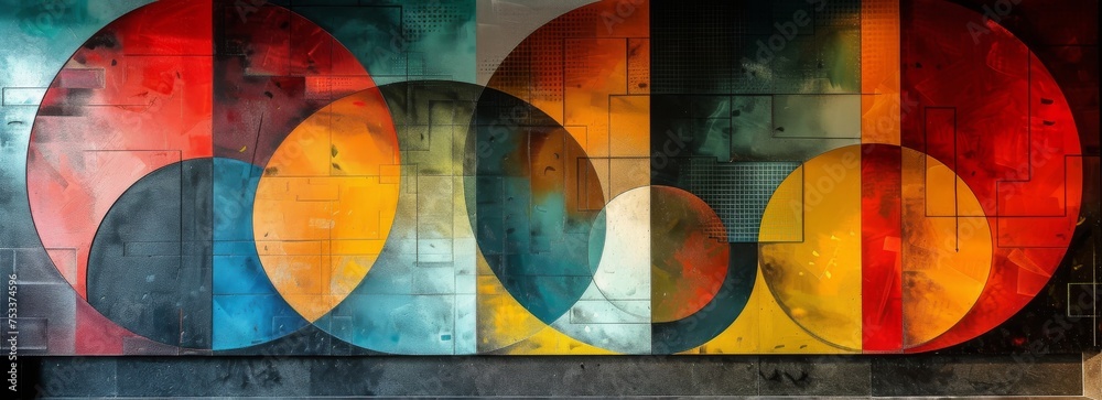 Detailed abstract mural featuring geometric shapes and technical ...