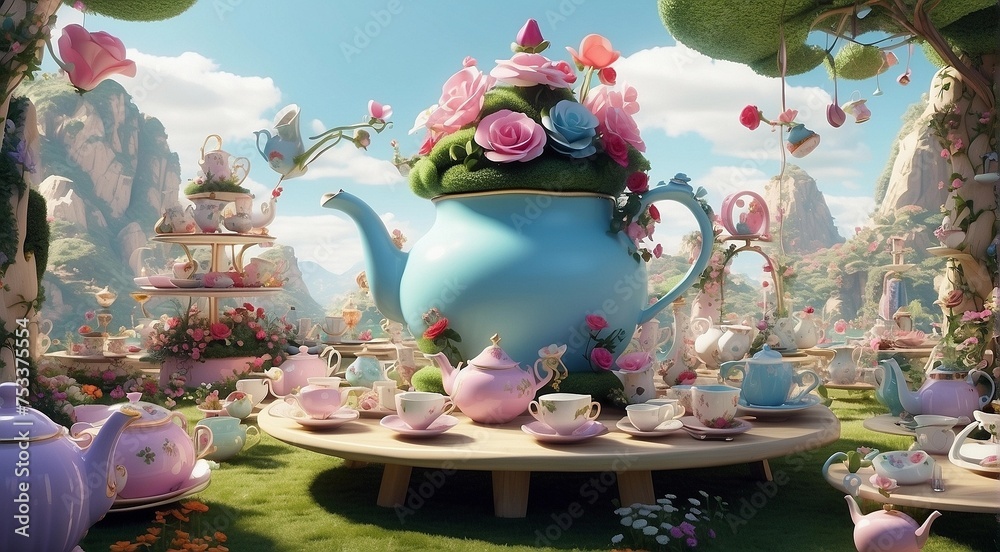 Giant tea party: a Wonderland landscape that features a giant tea party ...