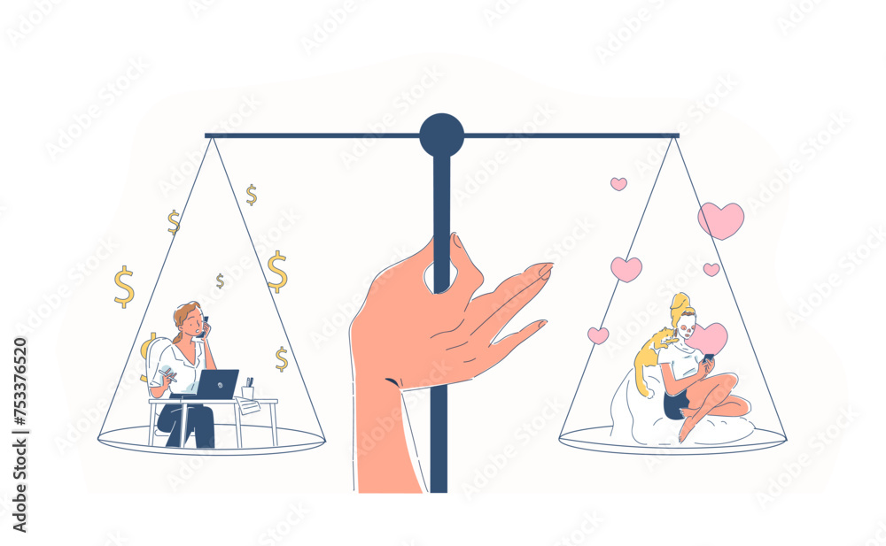 Work life balance simple. Hand near weights and scales. Woman with ...