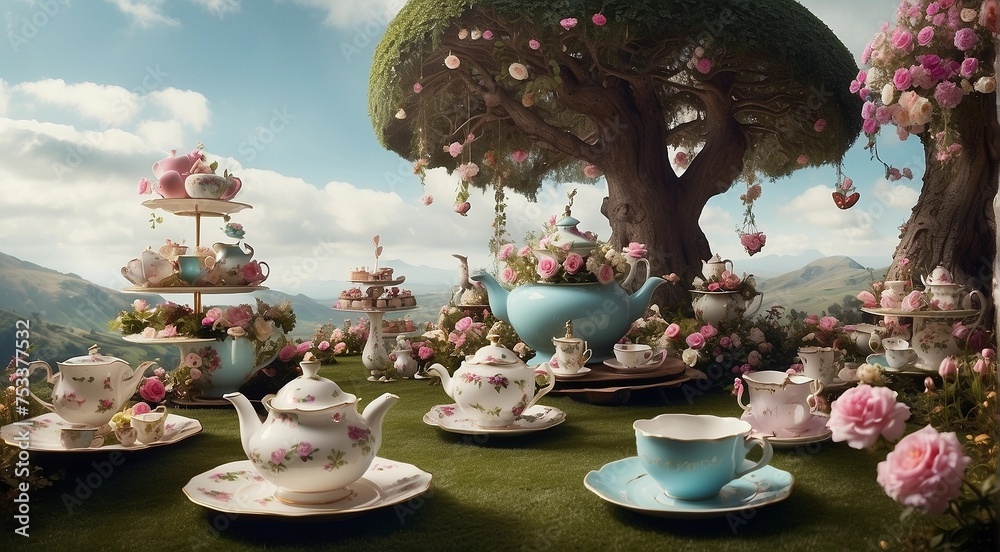 Giant tea party: a Wonderland landscape that features a giant tea party ...