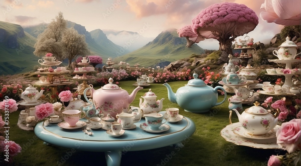 Giant tea party: a Wonderland landscape that features a giant tea party ...