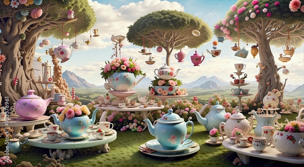 Giant tea party: a Wonderland landscape that features a giant tea party ...