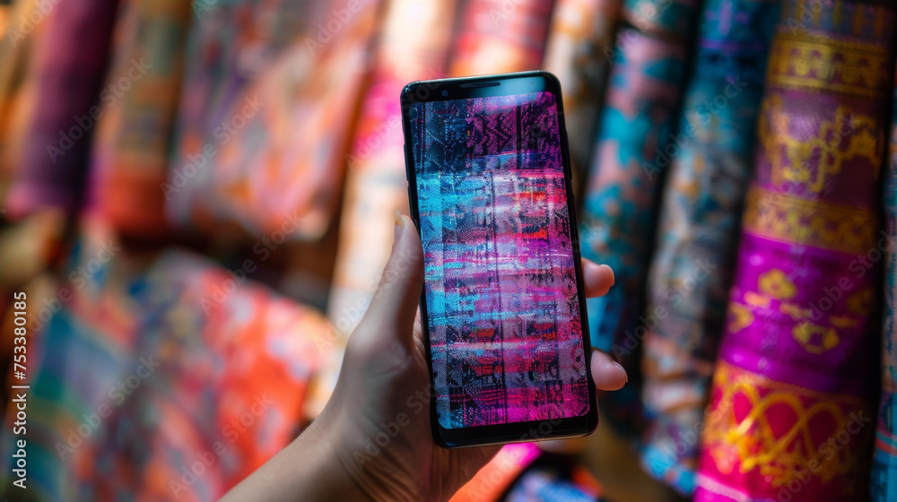 A hand holding a smartphone displaying a digital design for a ...