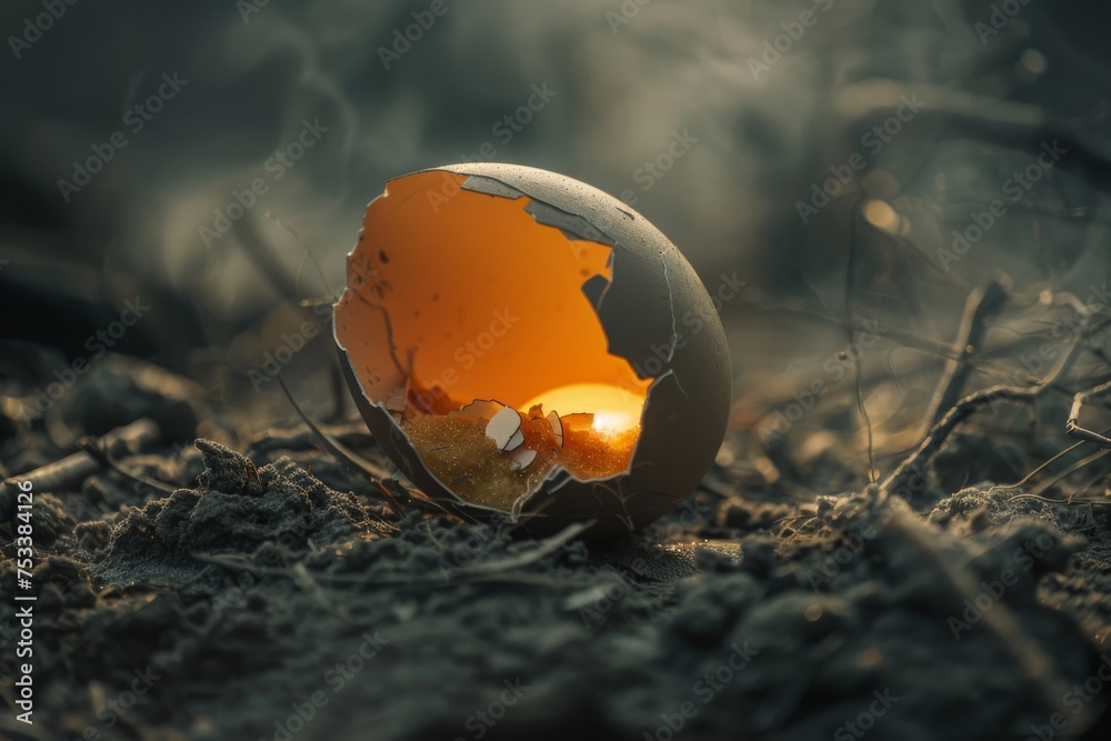 Broken crystal ball on the ground with a fiery sunset sky reflected ...