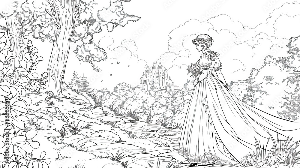 A simple fairytale coloring page, low detail, no shadding, line drawing ...