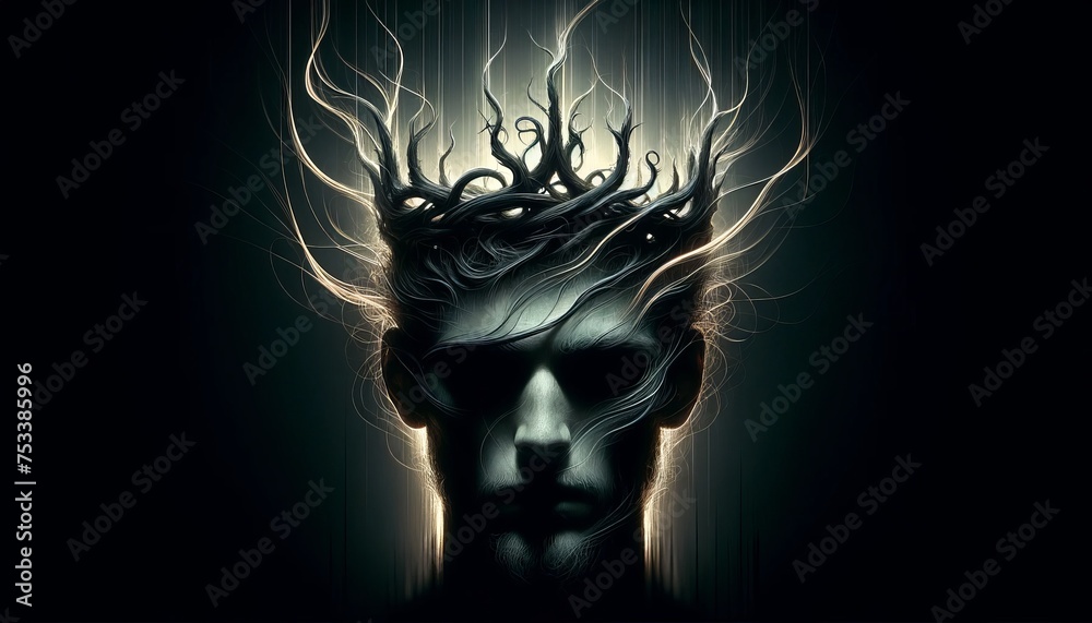 Silhouette of a Ghastly Figure with Radiant Crown of Twisted Forms, a ...