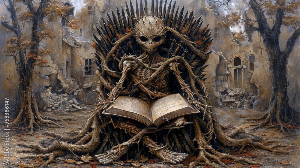 Skeleton King Perusing a Book on a Throne of Roots, Evoking Themes of ...