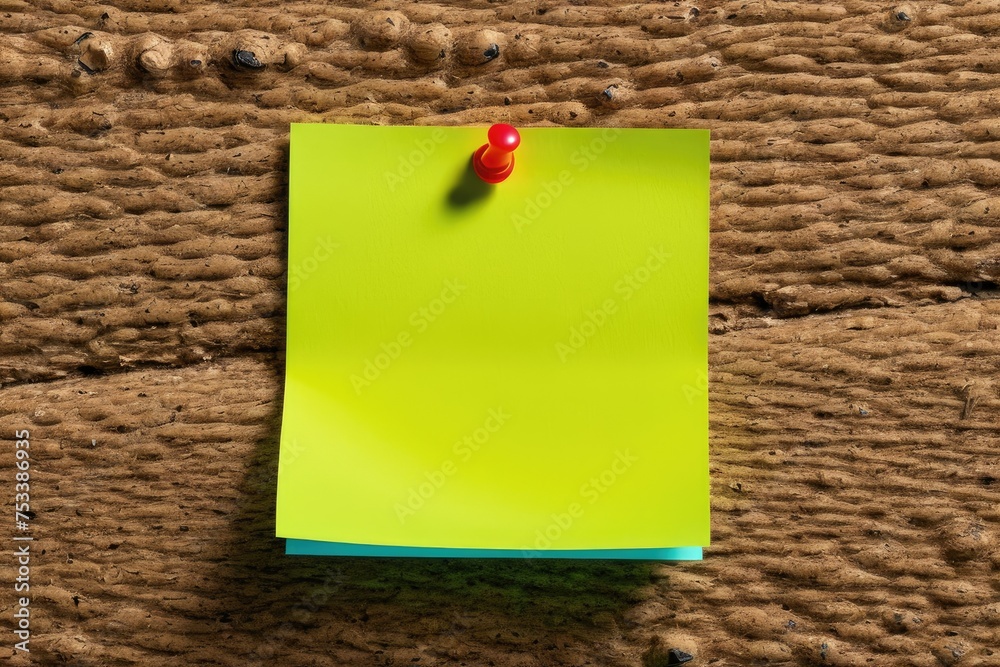 Sticky note, rectangle, green, affixed to cork board, wood texture ...