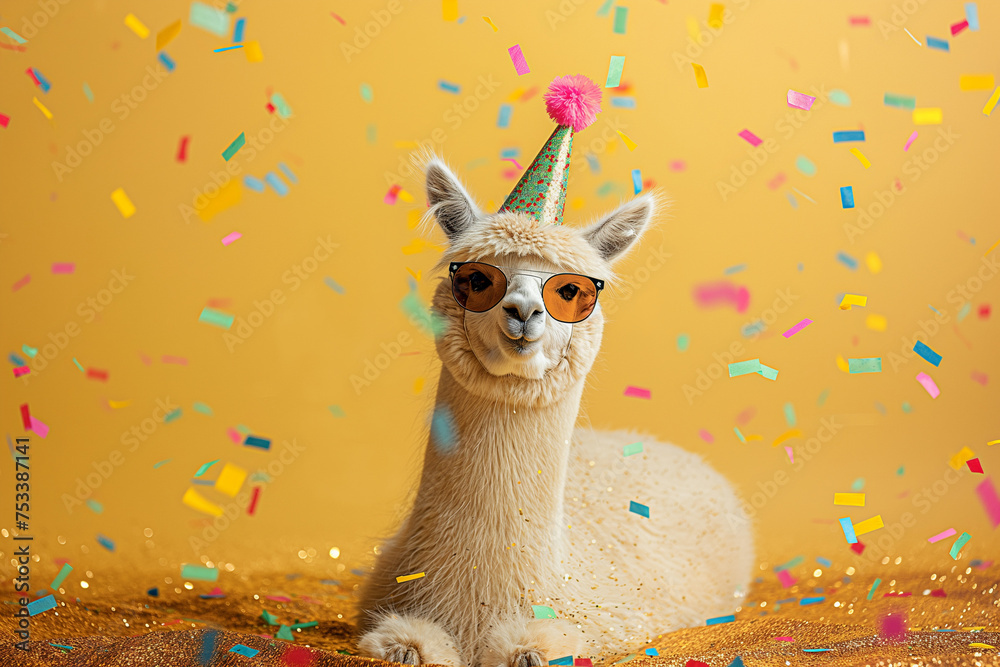 Alpaca with party hat and sunglasses on gold background with confetti ...