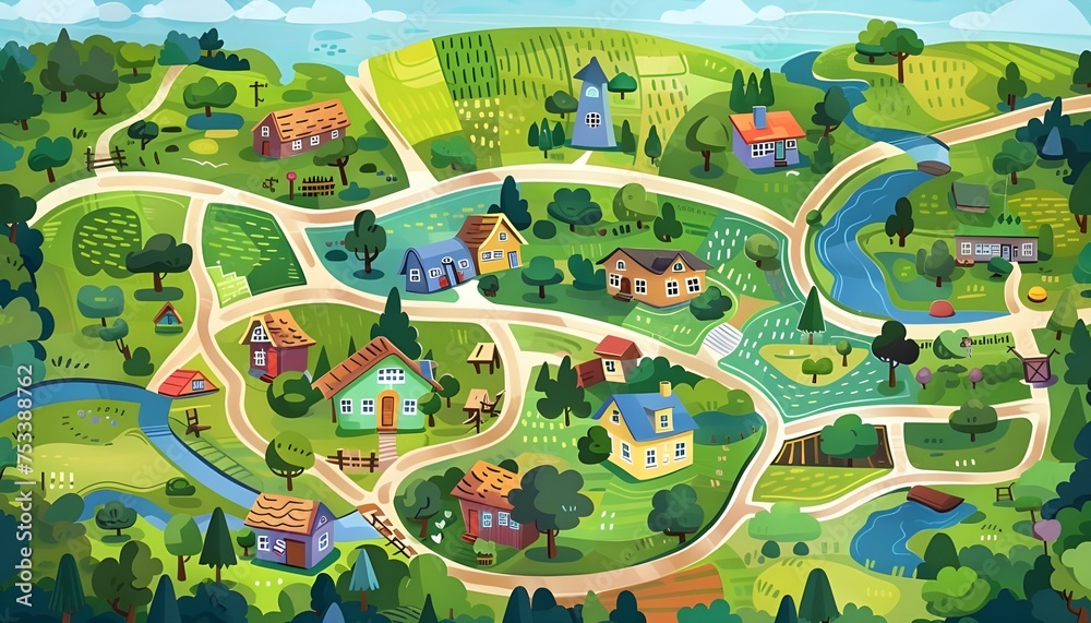 Cartoon map of small town and countryside Stock Illustration | Adobe Stock