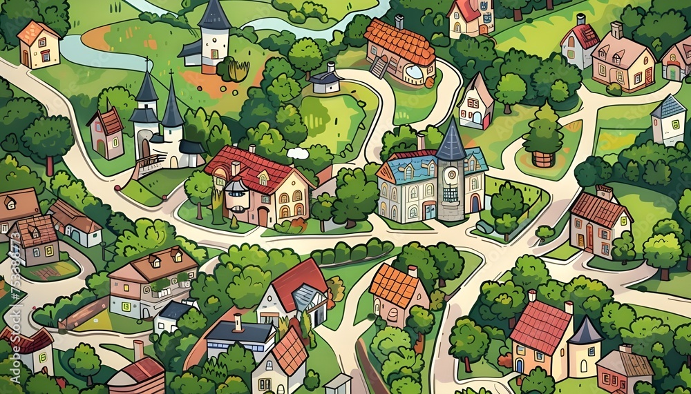 Cartoon map of small town and countryside Stock Illustration | Adobe Stock