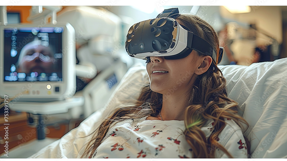 Female patient using virtual reality headset in hospital bed with ...