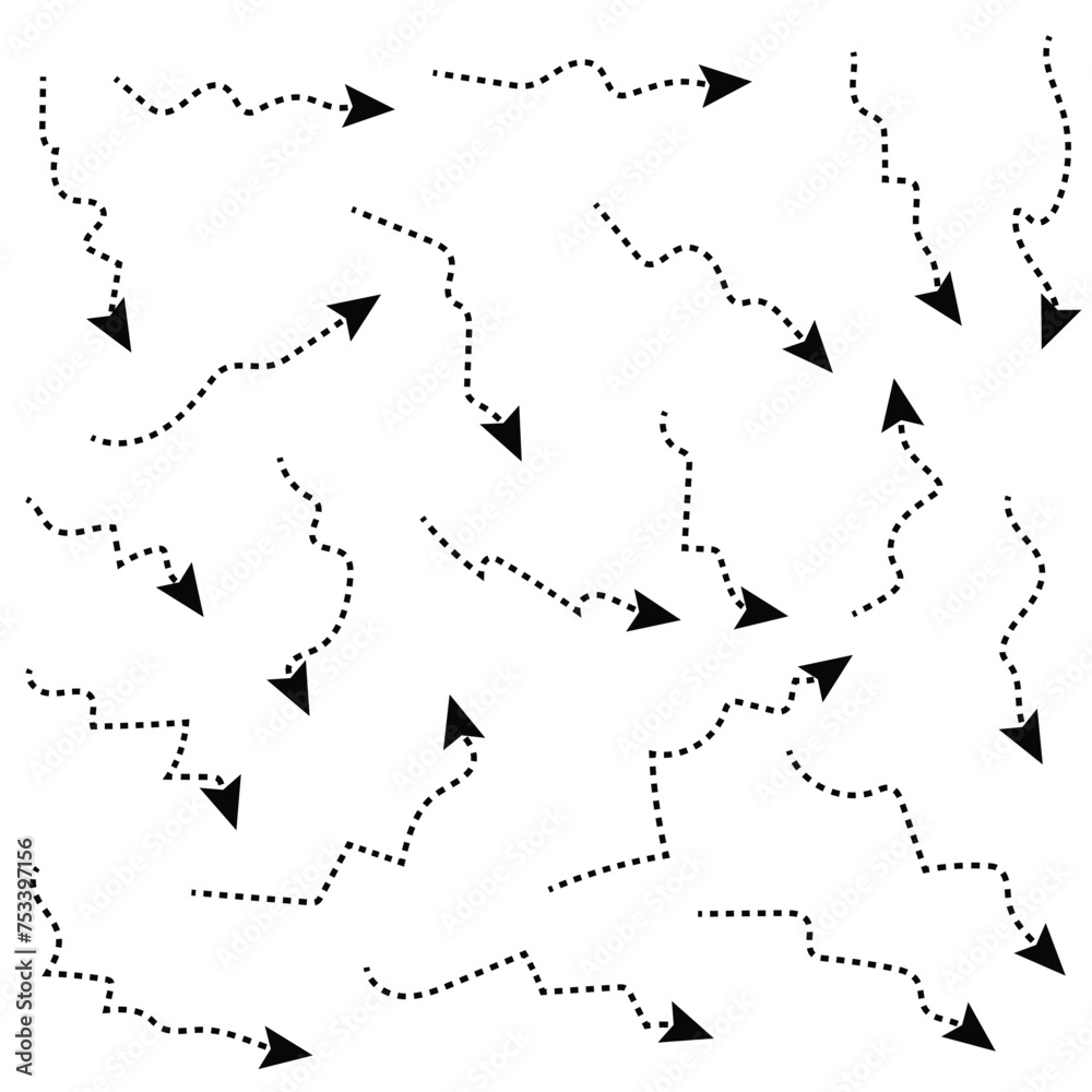 Set of black dotted arrows in doodle style. Broken arrows in the form ...