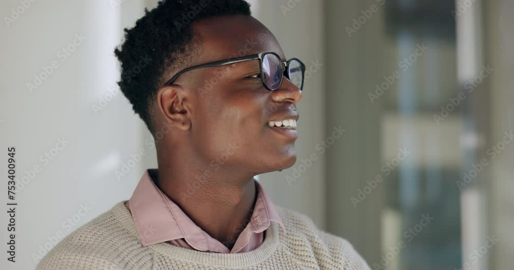 Thinking, office and business black man with glasses with ideas ...