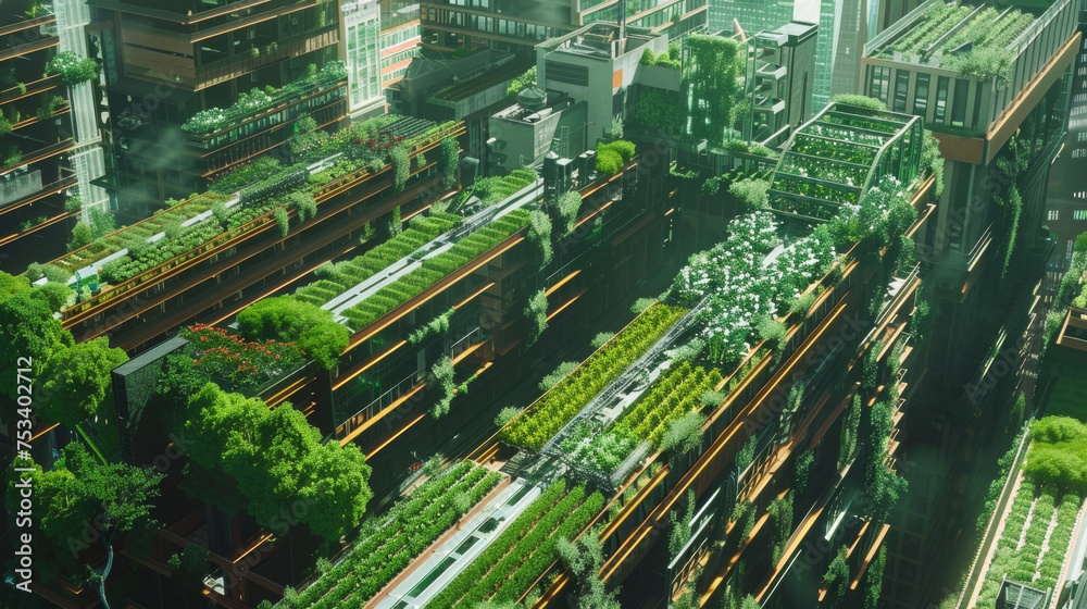 An aerial view of a vertical farm complex consisting of several ...